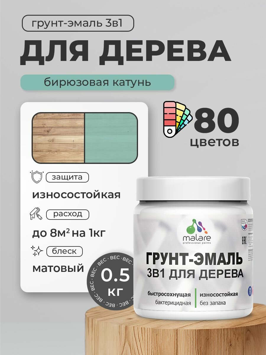 Акриловая Грунт-Эмаль 3 в 1 Malare для деревянных поверхностей/ краска по дереву с антисептическим эффектом/ быстросохнущая моющаяся без запаха матовая, бирюзовая катунь, 0.5 кг