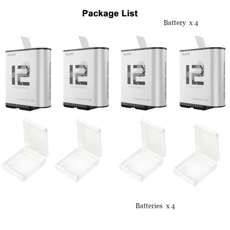 TELESIN Батарея Endurance для GoPro Hero 12 11 10 9 1750 мАч 4-Battery