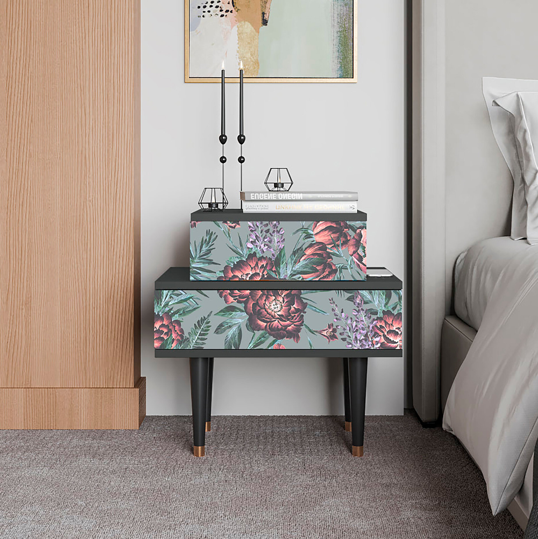 Прикроватная тумба - STORYZ - NS1 Light Peonies, Размер - 58 x 58 x 41 см, Цвет корпуса - , Антрацит