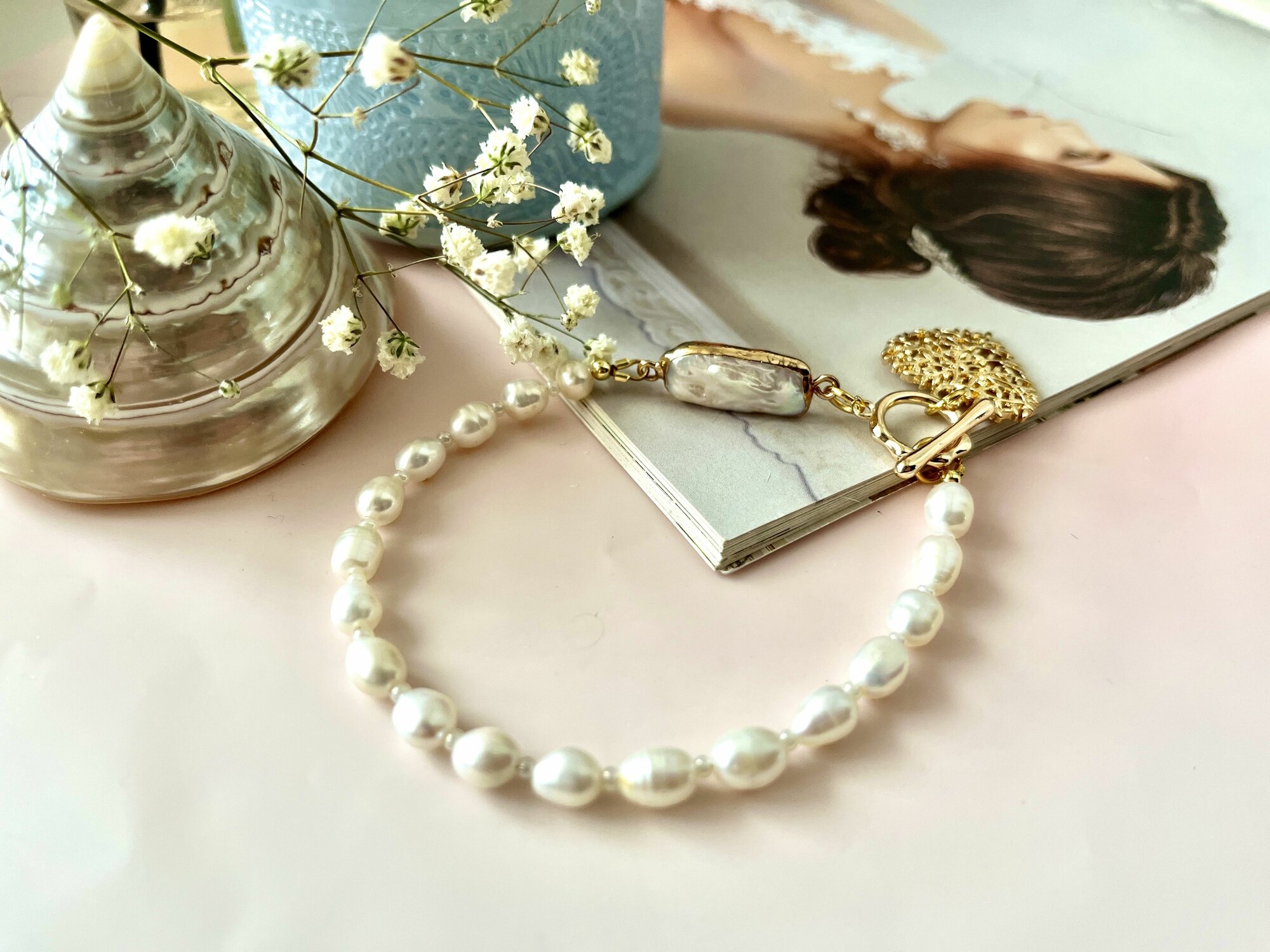 Браслет, стекло, жемчуг культивированный, перламутр