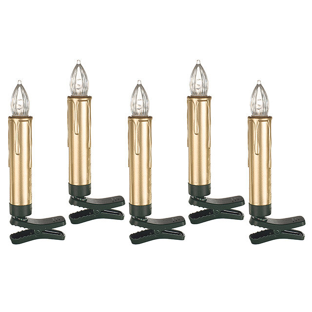 Свечи на елку Acogedora Noche 11 см золотые, 10 шт, теплые белые LED лампы, на клипсе, пульт управления, таймер, на батарейках, IP20, Winter Deco, 4060430