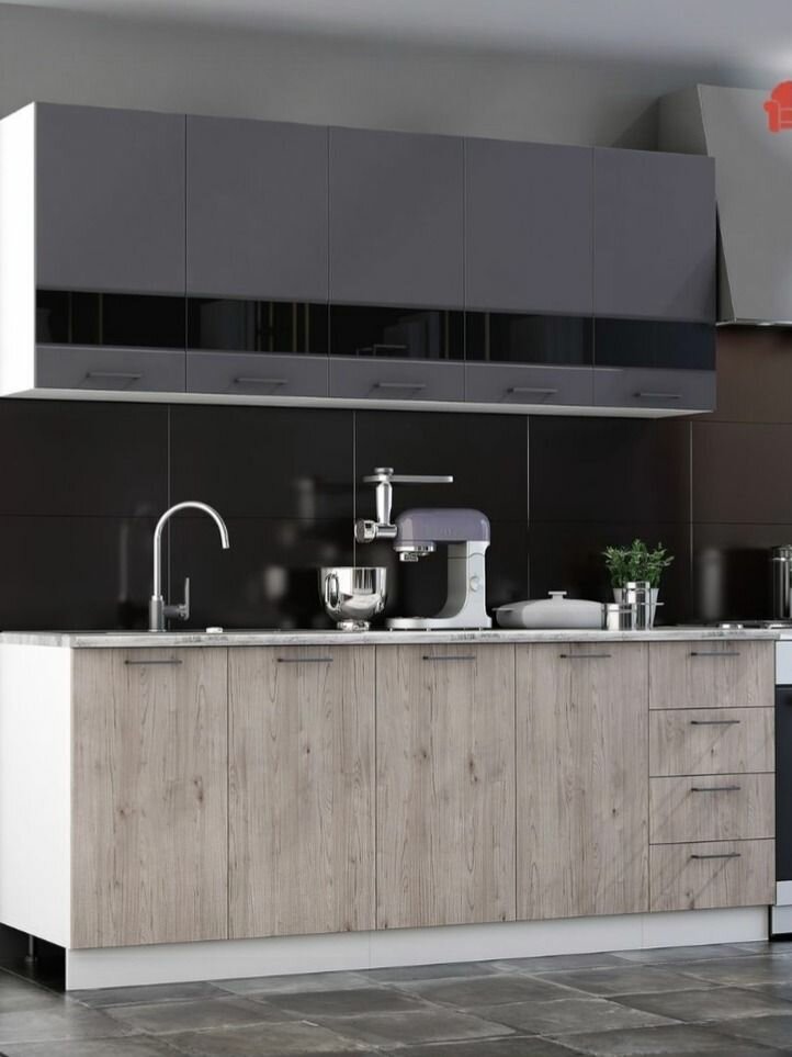 Мебельный РАЙ Кухонный гарнитур 2 м МДФ графит / дуб галиано без столешницы для дома и дачи