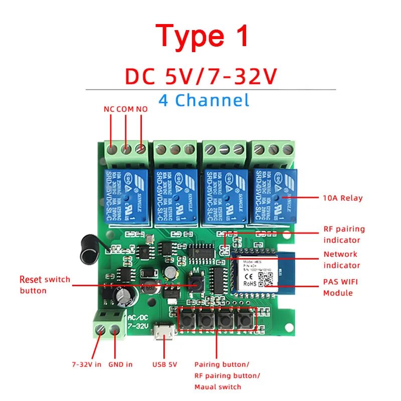 4-канальный WiFi релейный модуль DC 5V-32V