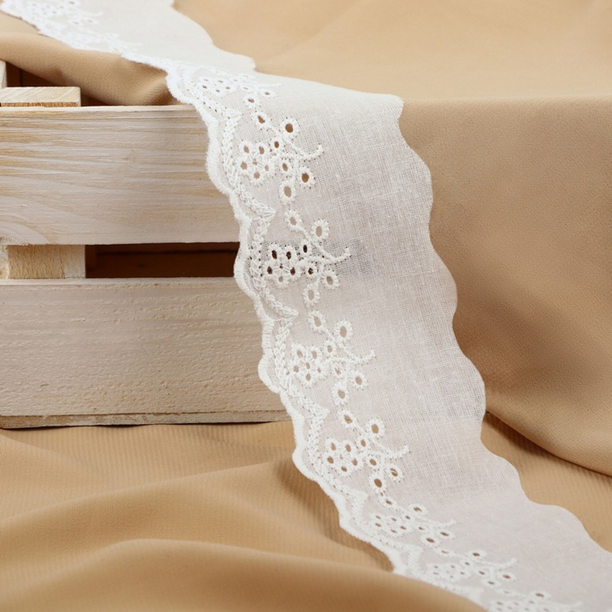 Кружево Арт Узор, пришивное, хлопок/полиэстер, белое, 55мм x 13м