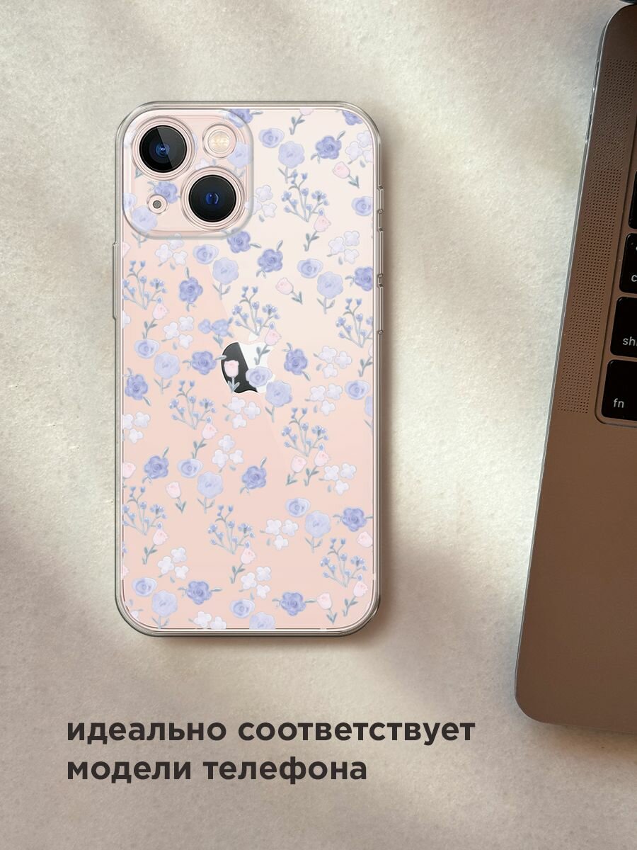 Чехол на Apple iPhone 13 mini / Айфон 13 мини с принтом "Сиреневые розы паттерн", прозрачный — фото 1