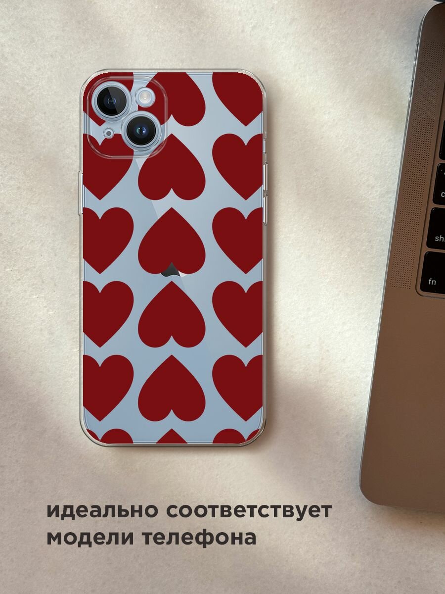 Чехол на Apple iPhone 14 / Айфон 14 с принтом "Ряды сердечек паттерн - 14 февраля", прозрачный — фото 1