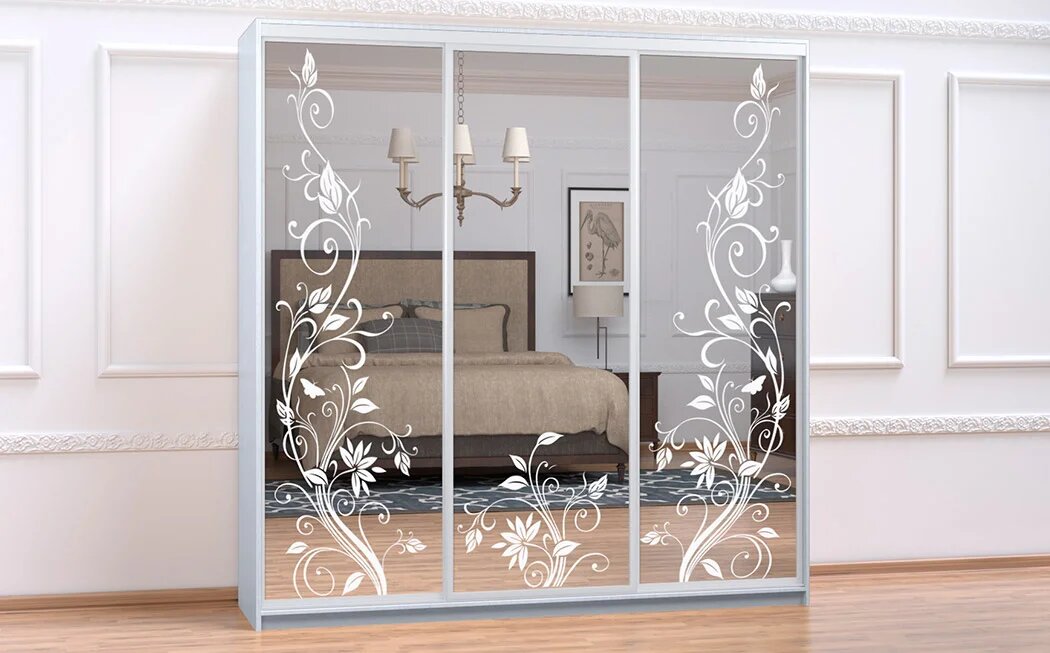 Шкаф купе для одежды Софино 3, с пескострйным рисунком, 180х45х220, белье/платье, цвет белый