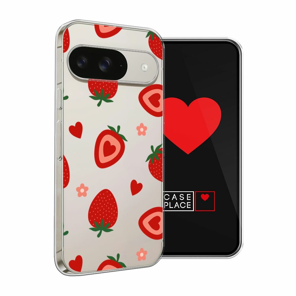Чехол на Google Pixel 9 / Гугл Пиксель 9 с принтом "Heart strawberries 2 - 14 февраля", прозрачный — фото 1
