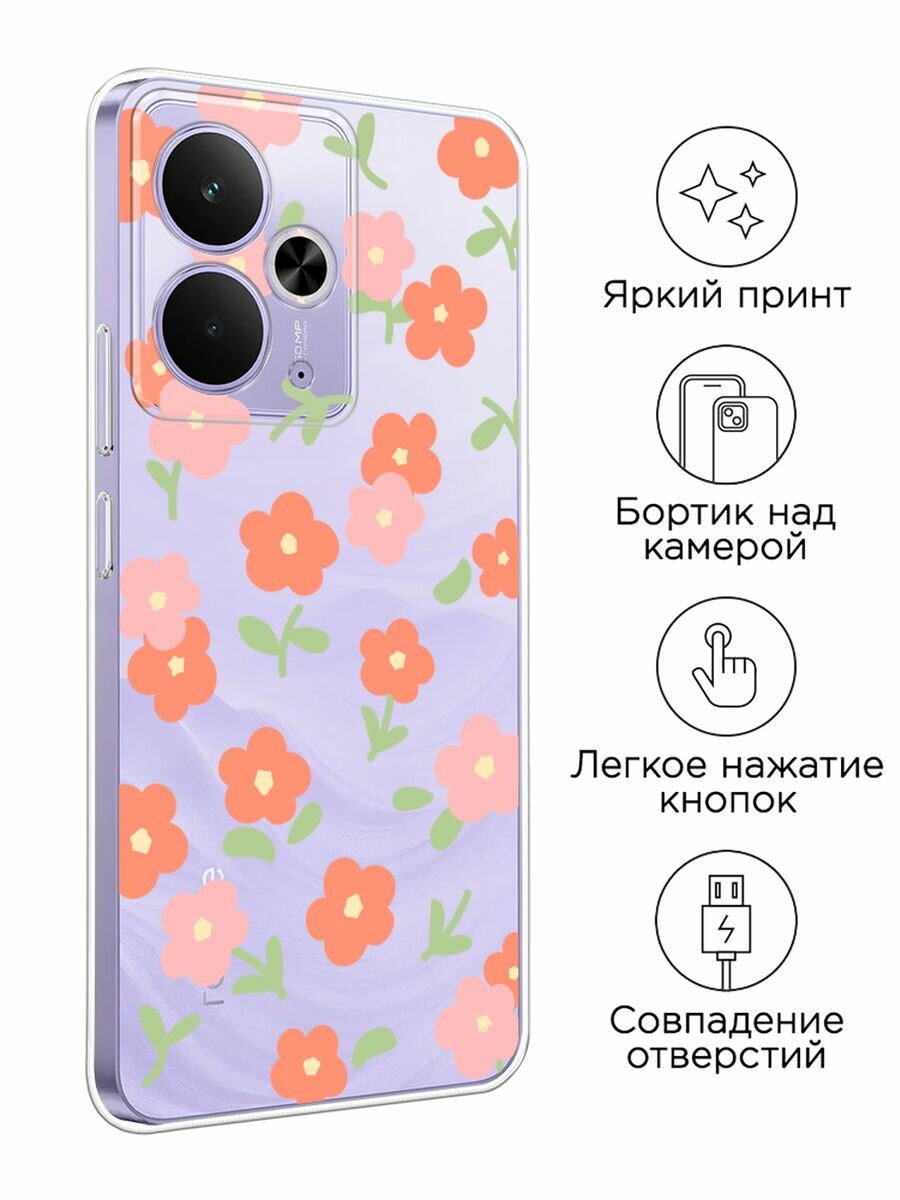 Чехол на Realme 14T / Реалми 14Т с принтом "Красные цветочки рисунок", прозрачный — фото 1