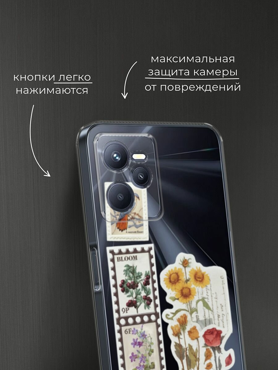 Силиконовый чехол на Realme C35 / Реалми C35 с принтом Марки с цветами — фото 1