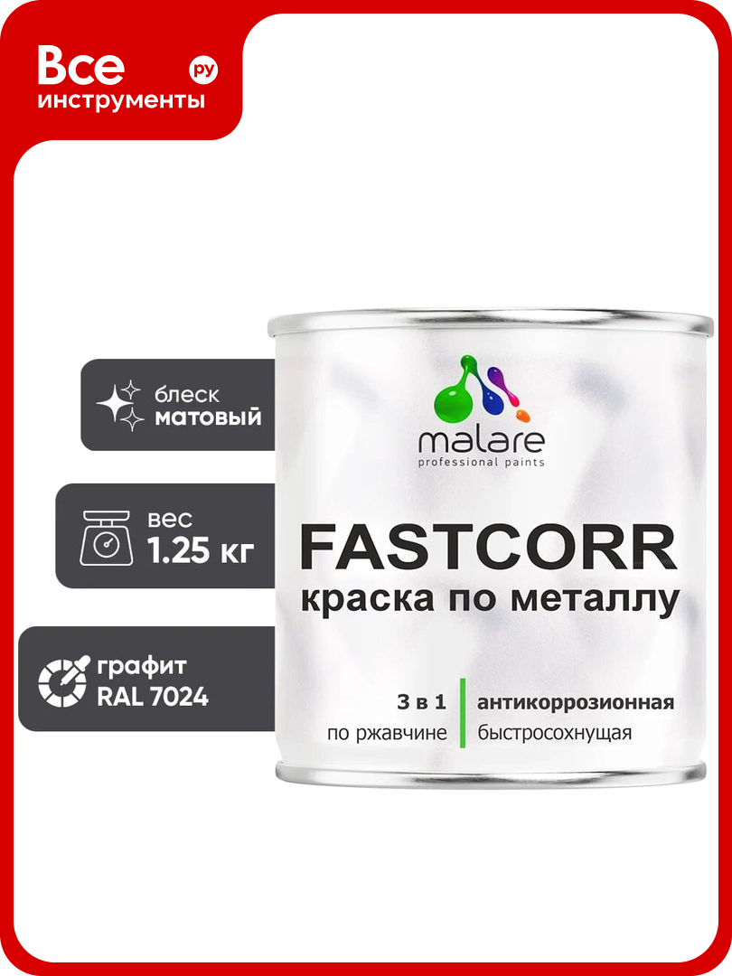 Краска по металлу MALARE FastCorr, краска по ржавчине, антикоррозийная, быстросохнущая, RAL 7024