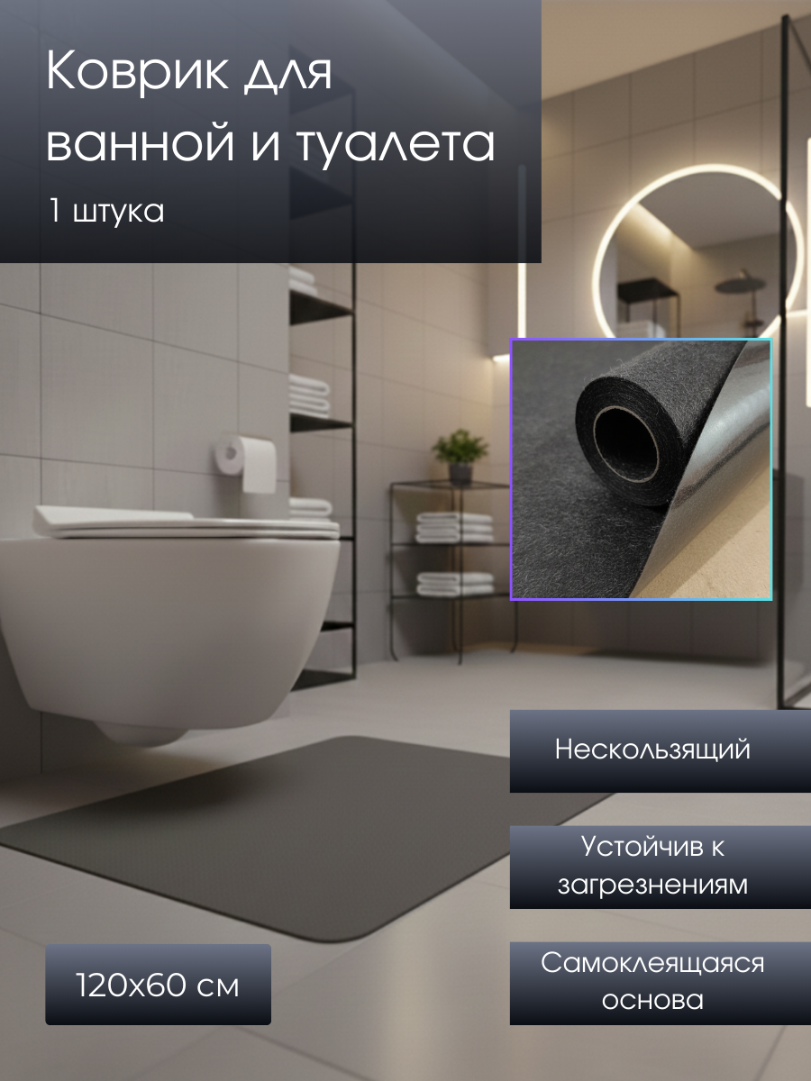 Коврик для ванной и туалета, самоклеящийся, противоскользящий, 120 см х 60 см, (арт 170)