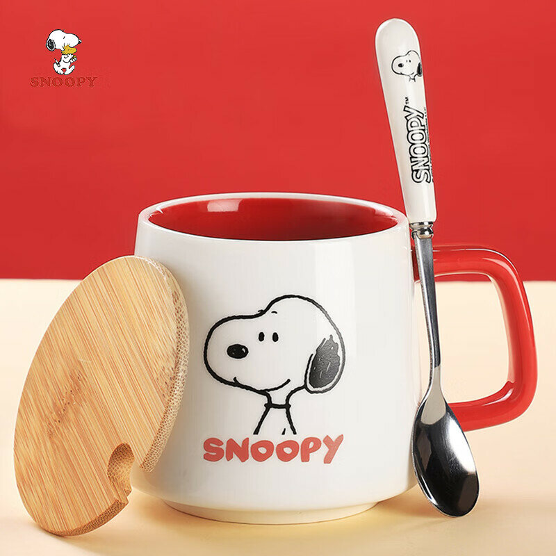 Snoopy Ceramic Mug with Lid And Spoon, Home Breakfast Cup, Office Coffee Mug for Men And Women, Cartoon Couple Drinking Cup