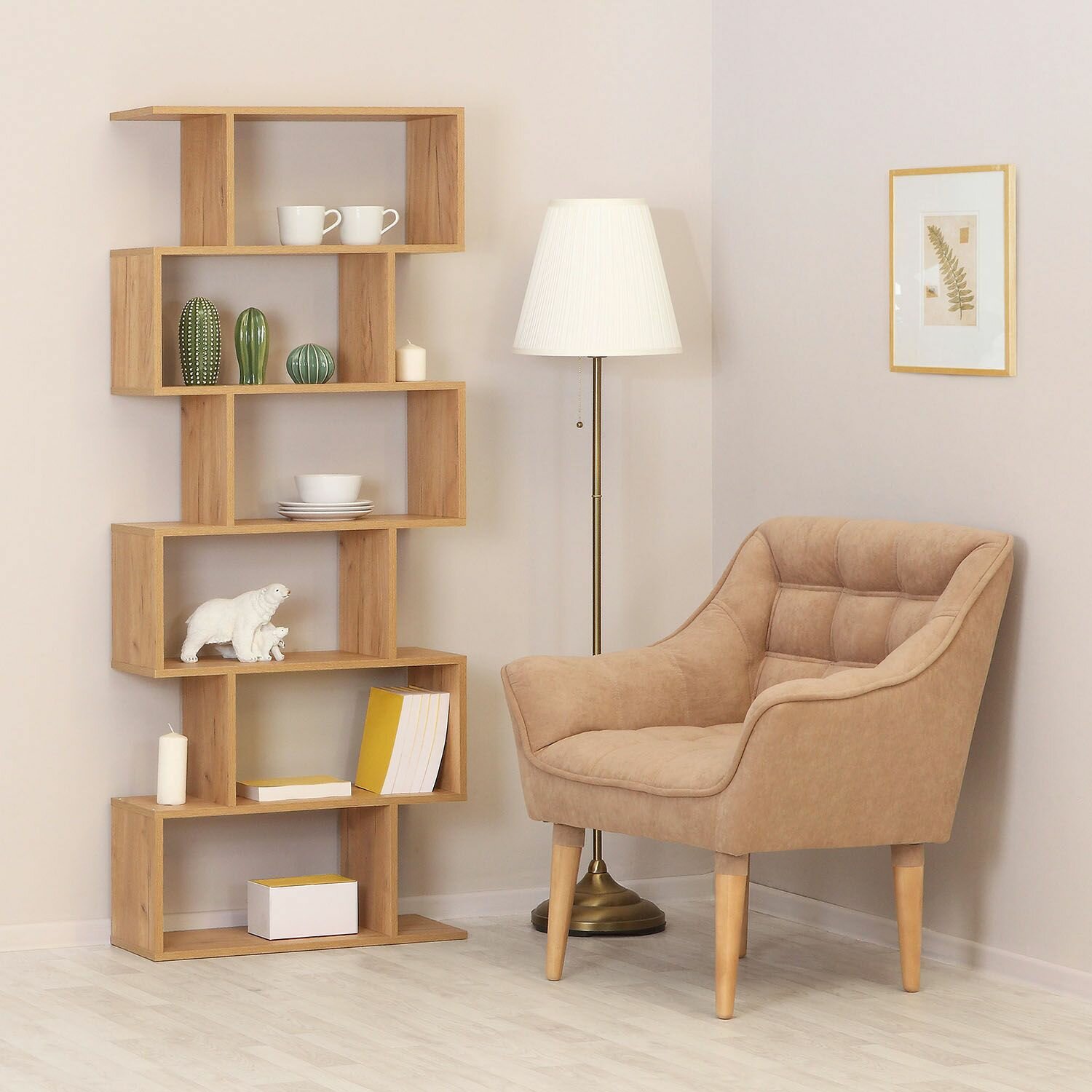 Уютная среда Стеллаж деревянный из 6 полок, полка напольная для книг и игрушек, перегородка для зонирования, цвет дуб