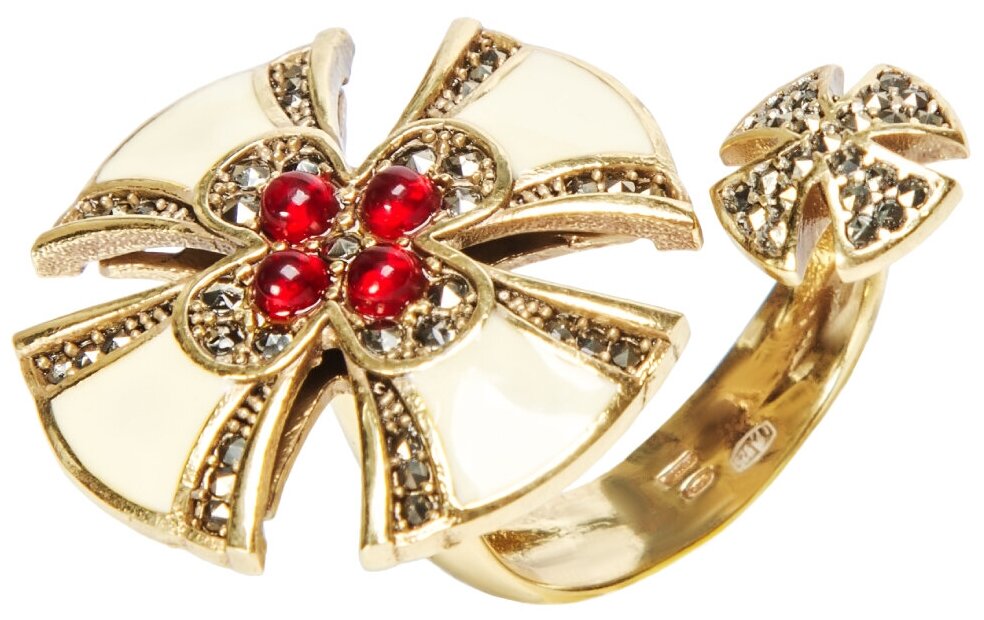 Кольцо разъемное, серебро, 925 проба, золочение, марказит, эмаль, корунд