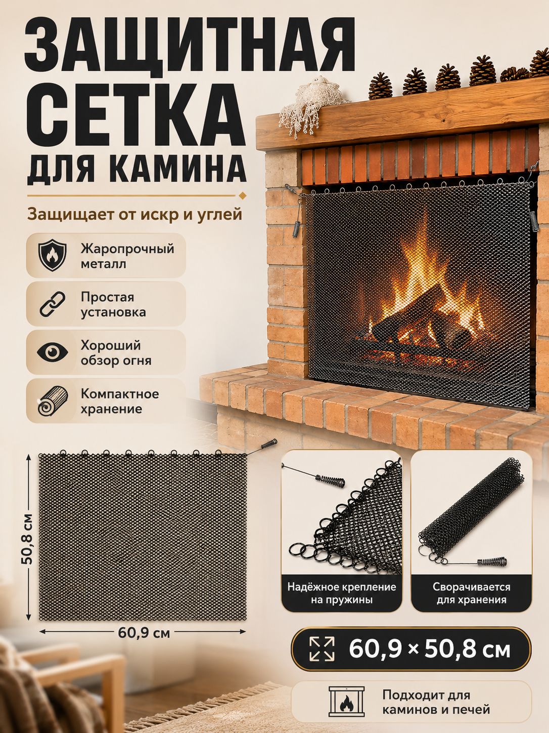 Искрозащитная премиум сетка для камина, 2 шт 61x50.8 см