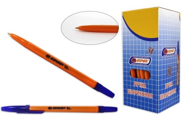 Ручка шариковая синяя оранжевый корпус, выгодная упаковка 50 штук, линия письма 1 мм