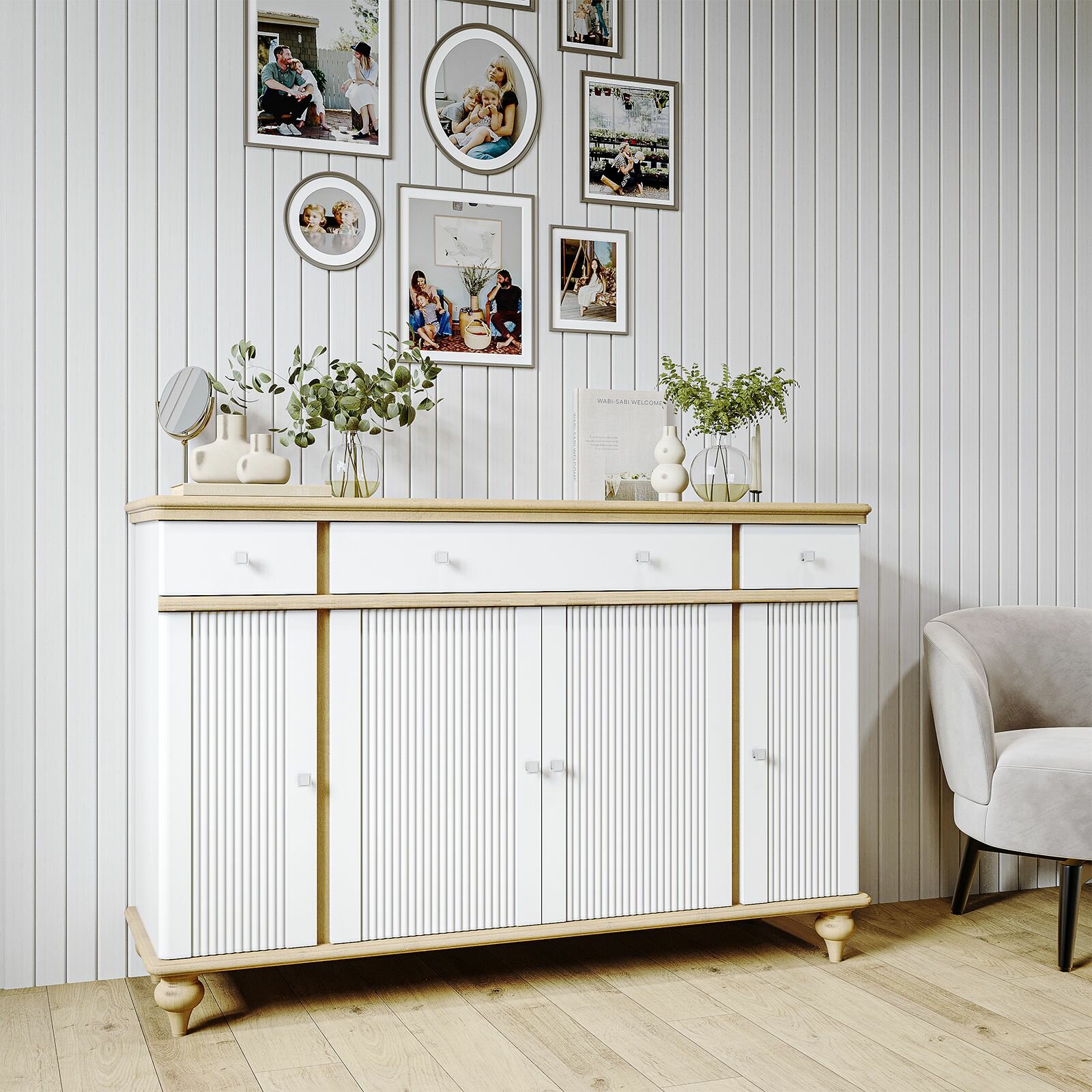 Комод ММЦ Гостиная Рандеву 223 (белый лак+антик №24) из массива сосны