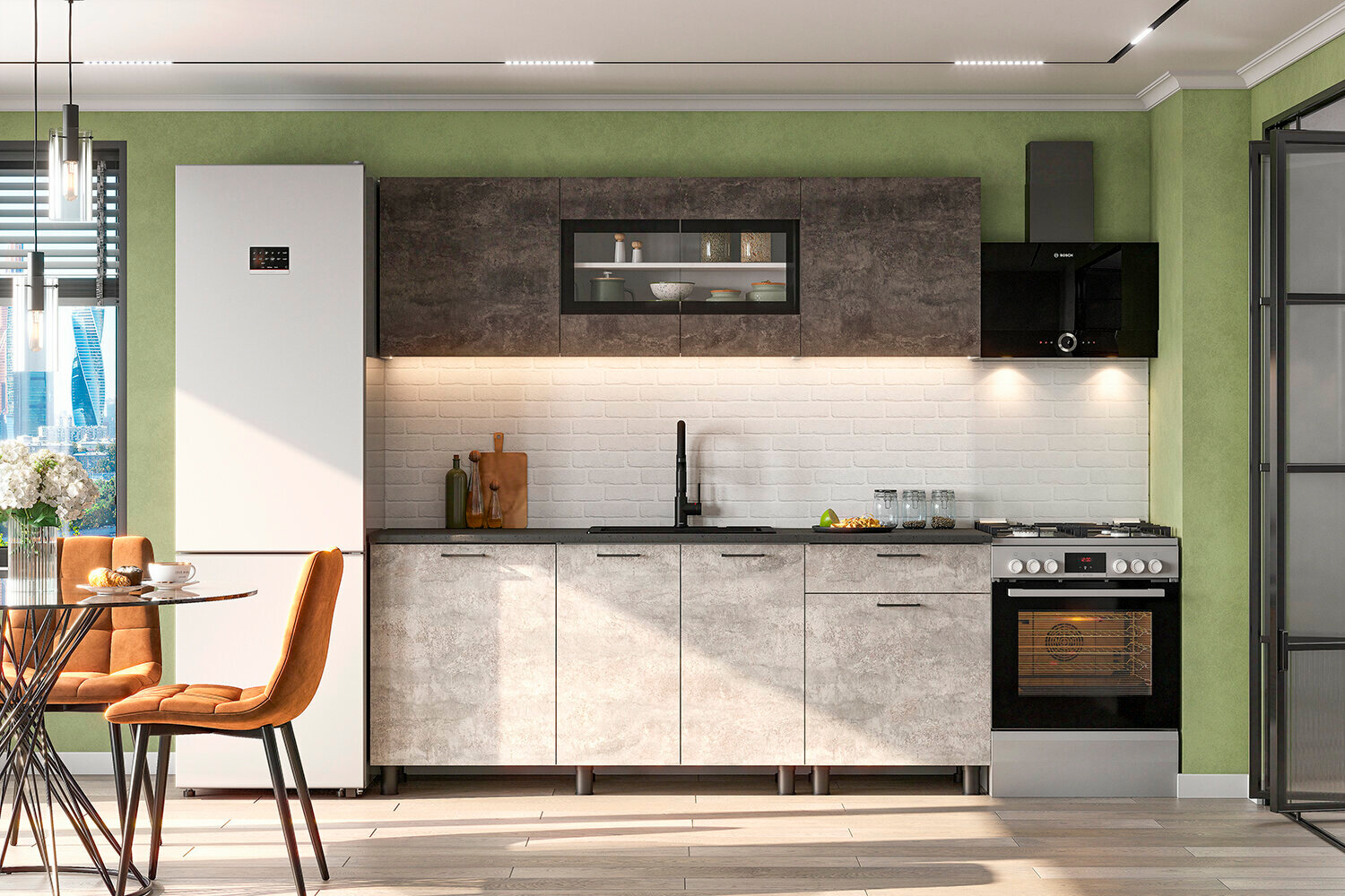 Готовая кухня 2.0 м Арника КГ 9 Белый; Цемент светлый; Цемент тёмный