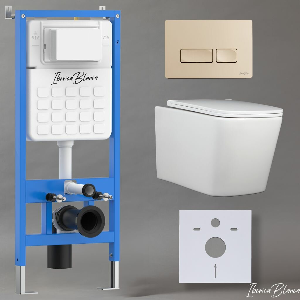 Комплект 6 в 1 инсталляция, унитаз торнадо белый TOLEDO ALTO, шумоизоляция, сиденье микролифт, крепления, клавиша золото матовое, пластик ESTI-R, IBERICA BLANCA