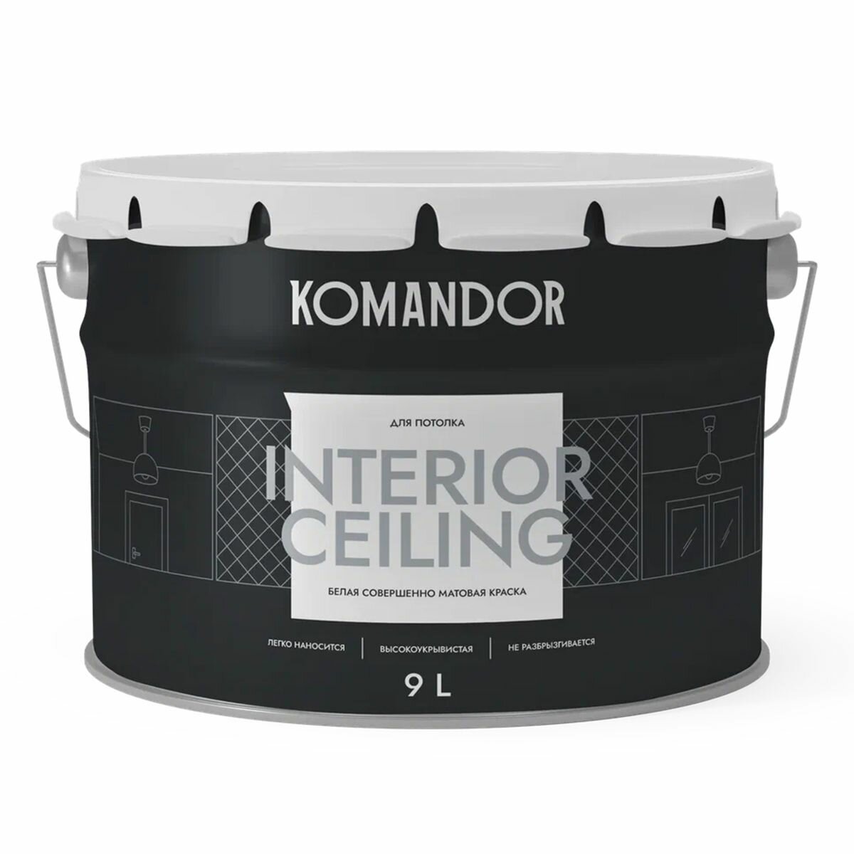 Краска для потолков Komandor INTERIOR CEILING, белая, матовая, 9 л