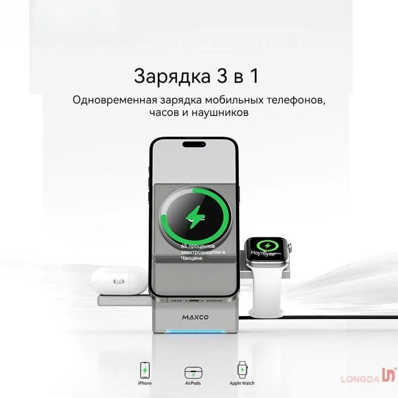 MAXCO Minogue MW11 3-в-1 сенсорное поворотное беспроводное зарядное устройство, магнитное быстрое зарядное устройство по протоколу Qi2