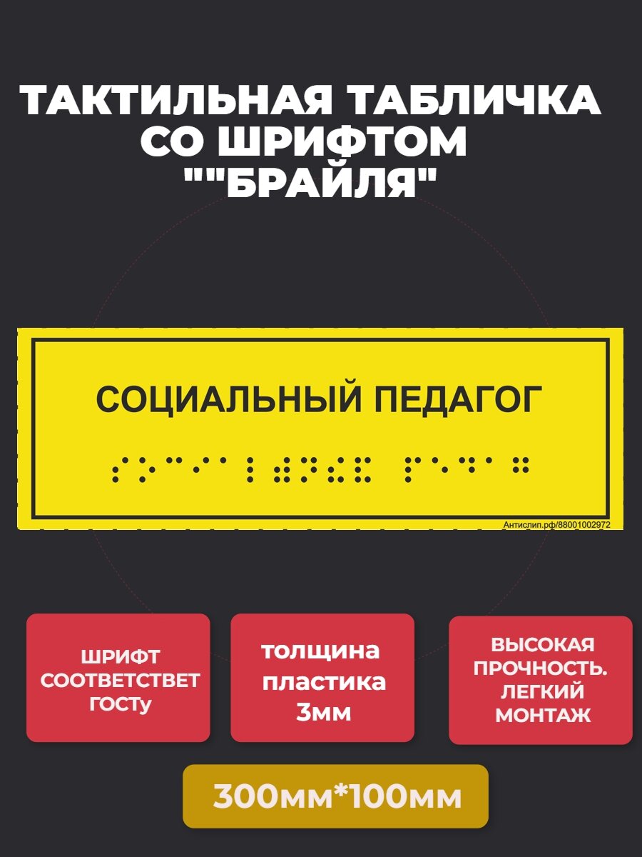 Таблички Брайля / Тактильная табличка ГОСТ со шрифтом Брайля "социальный педагог" 300х100мм