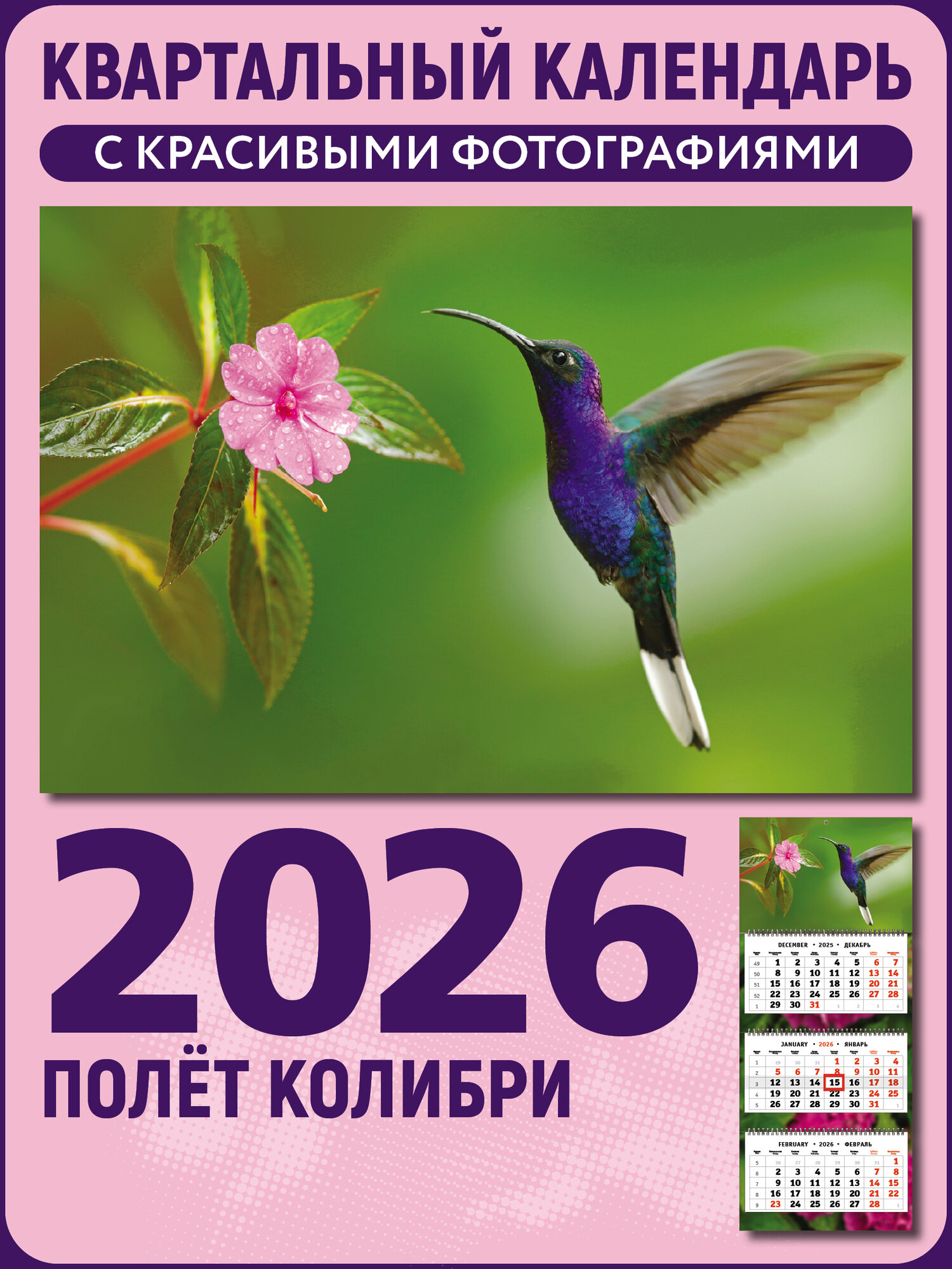 Календарь настенный 2026 "Полёт колибри", квартальный, трехблочный