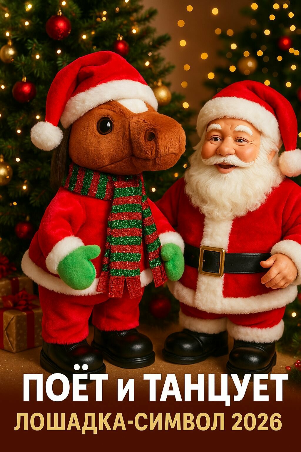 Музыкальная лошадка в костюме Деда Мороза, новогодний подарок 35 см