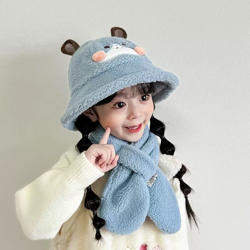 Детская шапка, шарф, комплект из двух предметов, зимняя теплая шапка-тазик с милым кроликом для девочек, детская зимняя рыбацкая шапка для мальчика