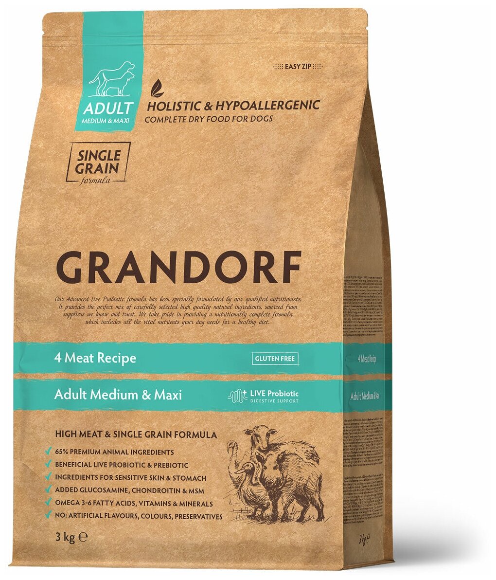 Grandorf 4 Meat Medium & Maxi 3 кг - корм сухой четыре вида мяса для взрослых собак средних и крупных пород