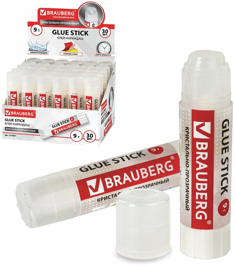 Клей-карандаш BRAUBERG "Crystal", 9 г, прозрачный, 227967, PVP, 227967