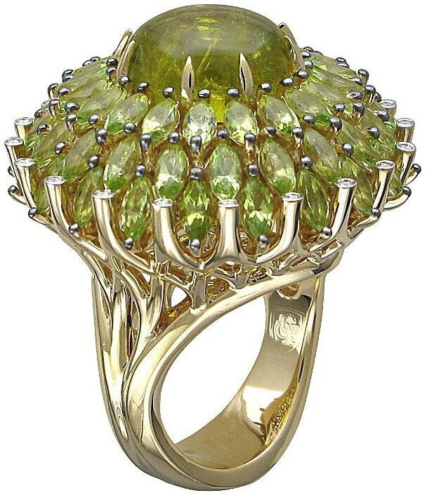 Кольцо, желтое золото, 585 проба, бриллиант, турмалин, хризолит