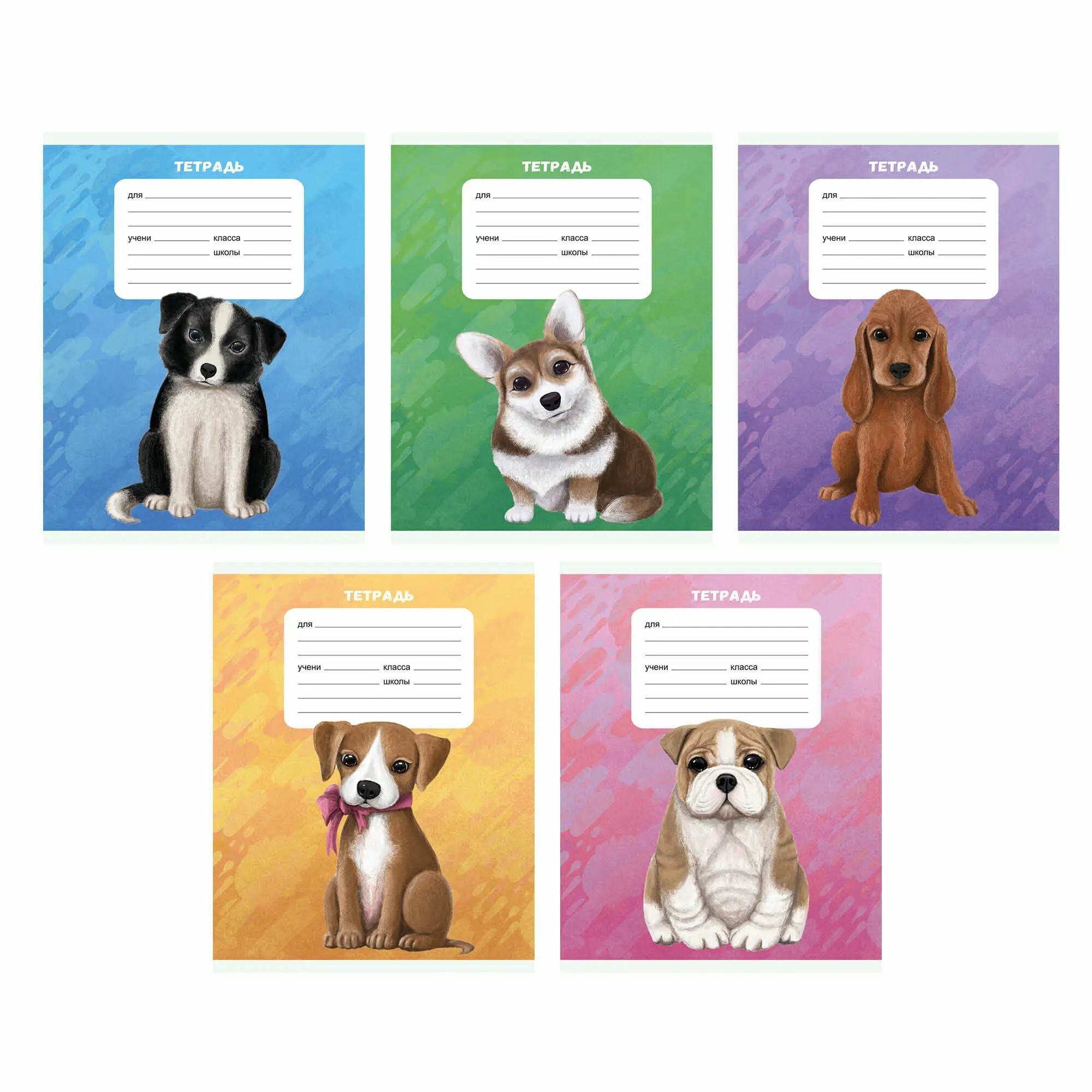 Тетради А5 18л. Скрепка. Клетка, Собачки, Комплект 20 шт(5 цветов * 4 шт)