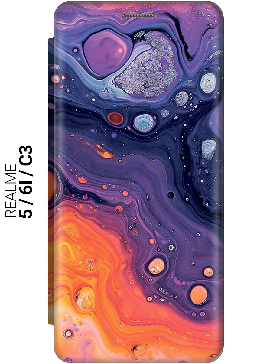 Чехол-книжка на realme 5 / 6i / C3 с принтом "Фиолетовые разводы" золотой