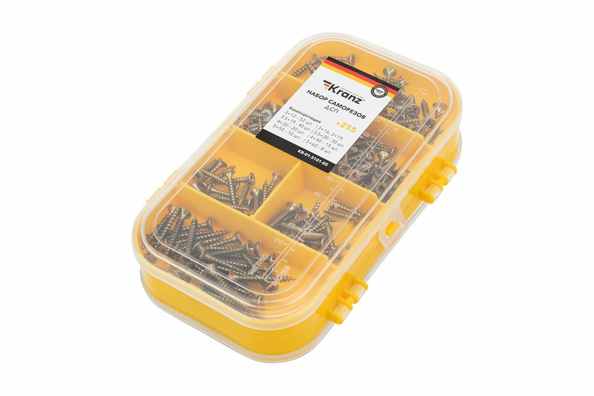 KRANZ набор саморезов для ДСП 255 шт KR-01-3101-05 для мебели и сборки корпусов
