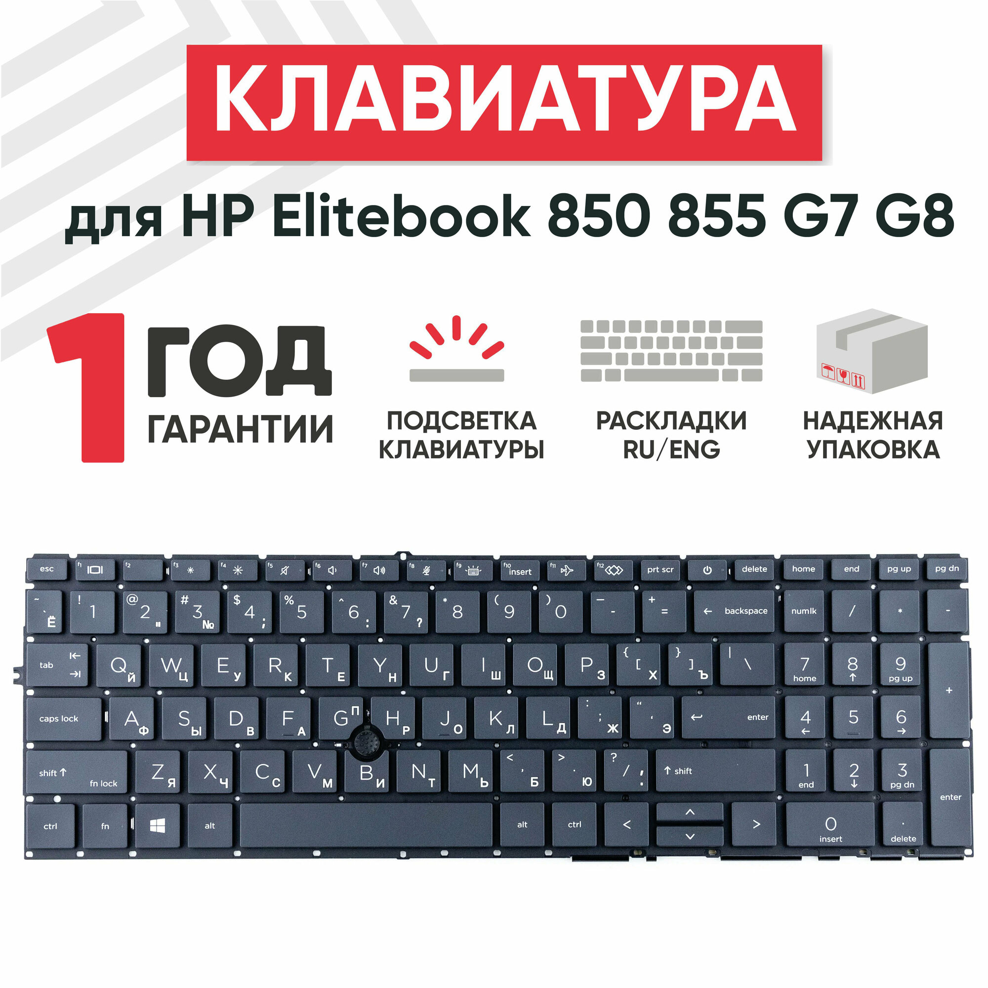 Клавиатура (keyboard) L89916-001 для ноутбука HP EliteBook 850 / 855 G7 G8 с подсветкой и указателем, черный