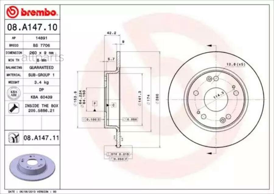 BREMBO 08A14711 диск тормозной HONDA (DONGFENG) CIVIC VIII (FA) 04/06 / HONDA CIVIC VIII HATCHBACK (FN FK) 09/05
