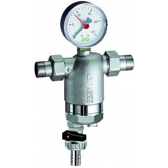 Фильтр Far 100мкм, с магн. встав, с манометром, Max: 95 °C, 25 бар, 3/4" НР