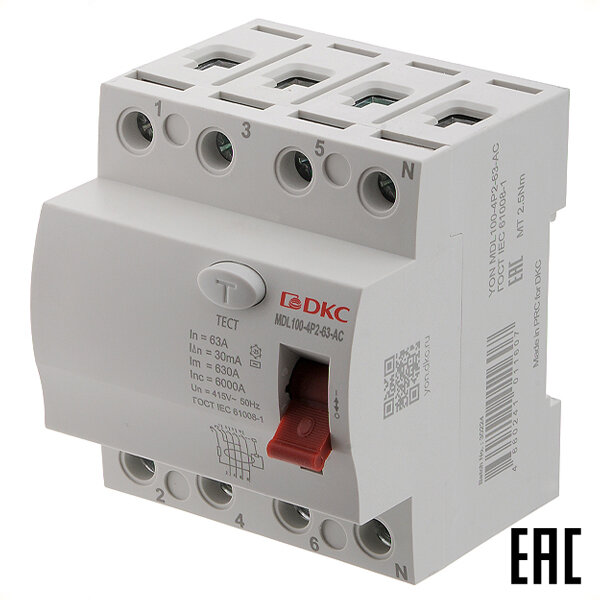 Устройство защитного откл. YON max MDL100-4P2-63-AC (тип AC) 63А-30мА 400В 4Р 6кА ДКС