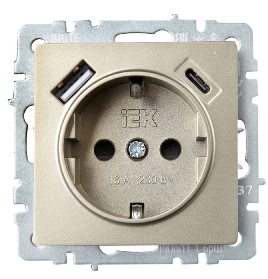 Розетка силовая штепсельная IEK / ИЭК РЮш11-1-БрШ с USB A+С, одноместная, 16А 18Вт, шампань, с заземлением и защитными шторками, BR-R14-16-U22-018-K37 / электрооборудование