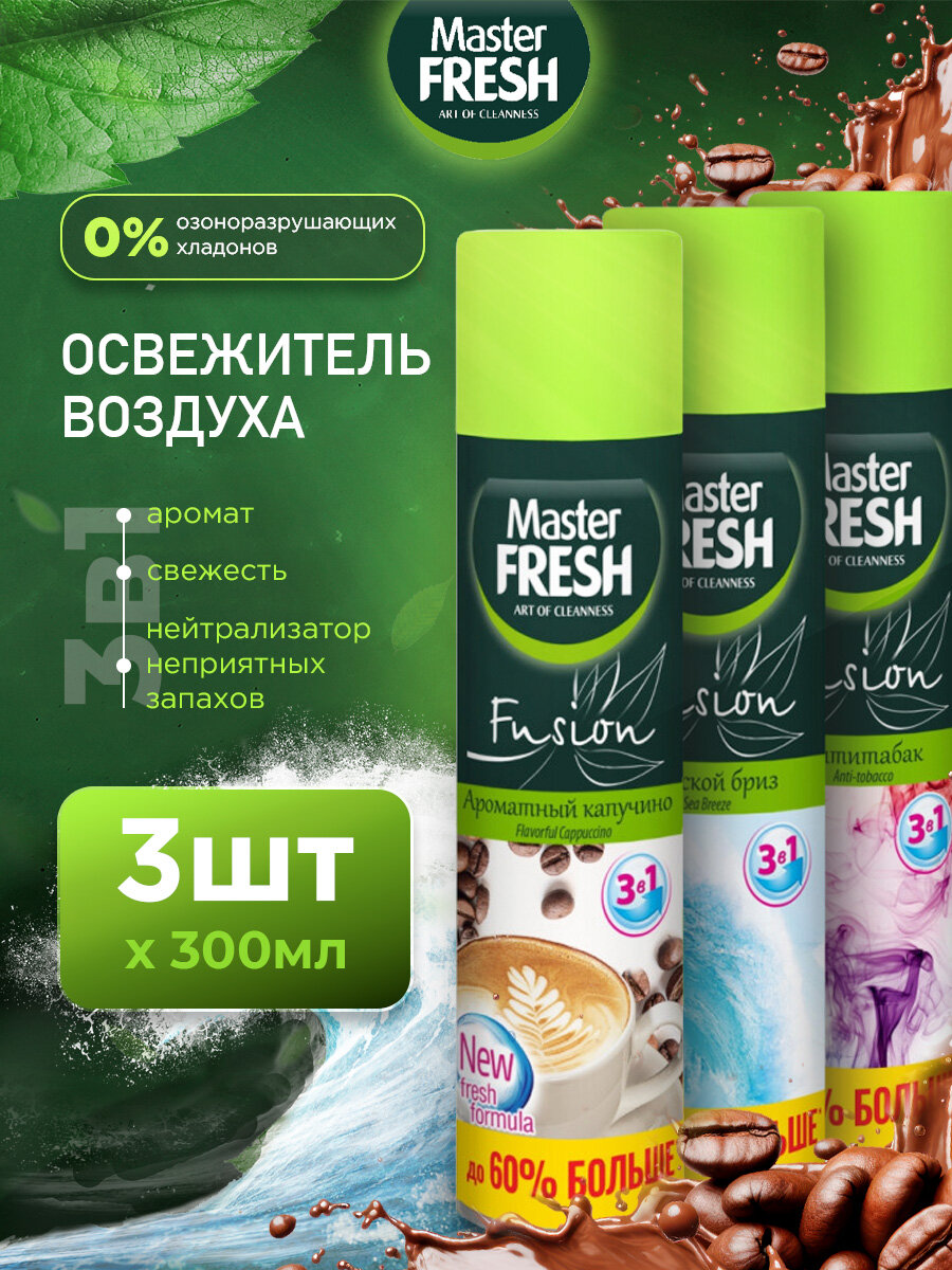 Освежитель воздуха Master Fresh набор большой Капучино 300мл + Антитабак 300мл + Морской бриз 300мл
