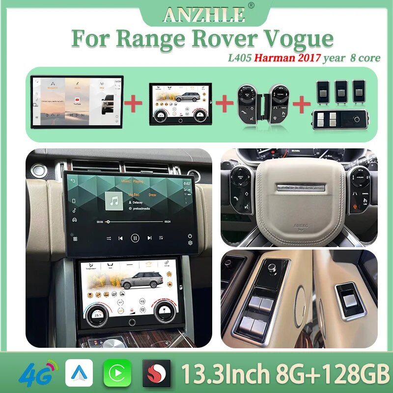 13.3-дюймовый мультимедийный плеер Android 13 для Range Rover Vogue L405 с GPS-радио и беспроводным CarPlay, поддержка оригинального меню автомобиля (OEM)