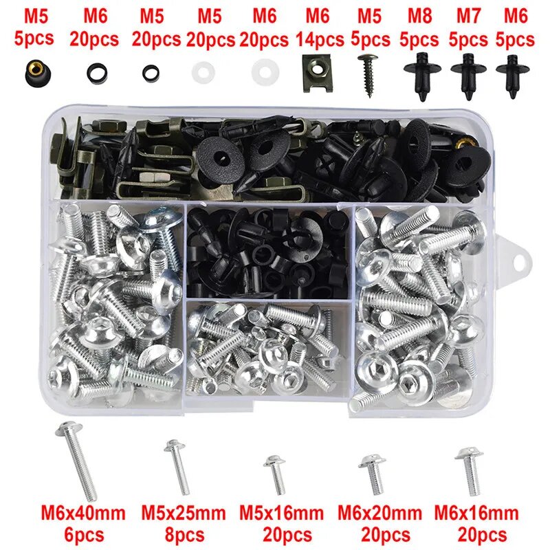 195 шт, комплект болтов для обтекателя мотоцикла, зажимы для гаек для Honda CB 125R 250R 300R 400X 400F 500X 600F 650R 650F 1000R 1300 серебристый
