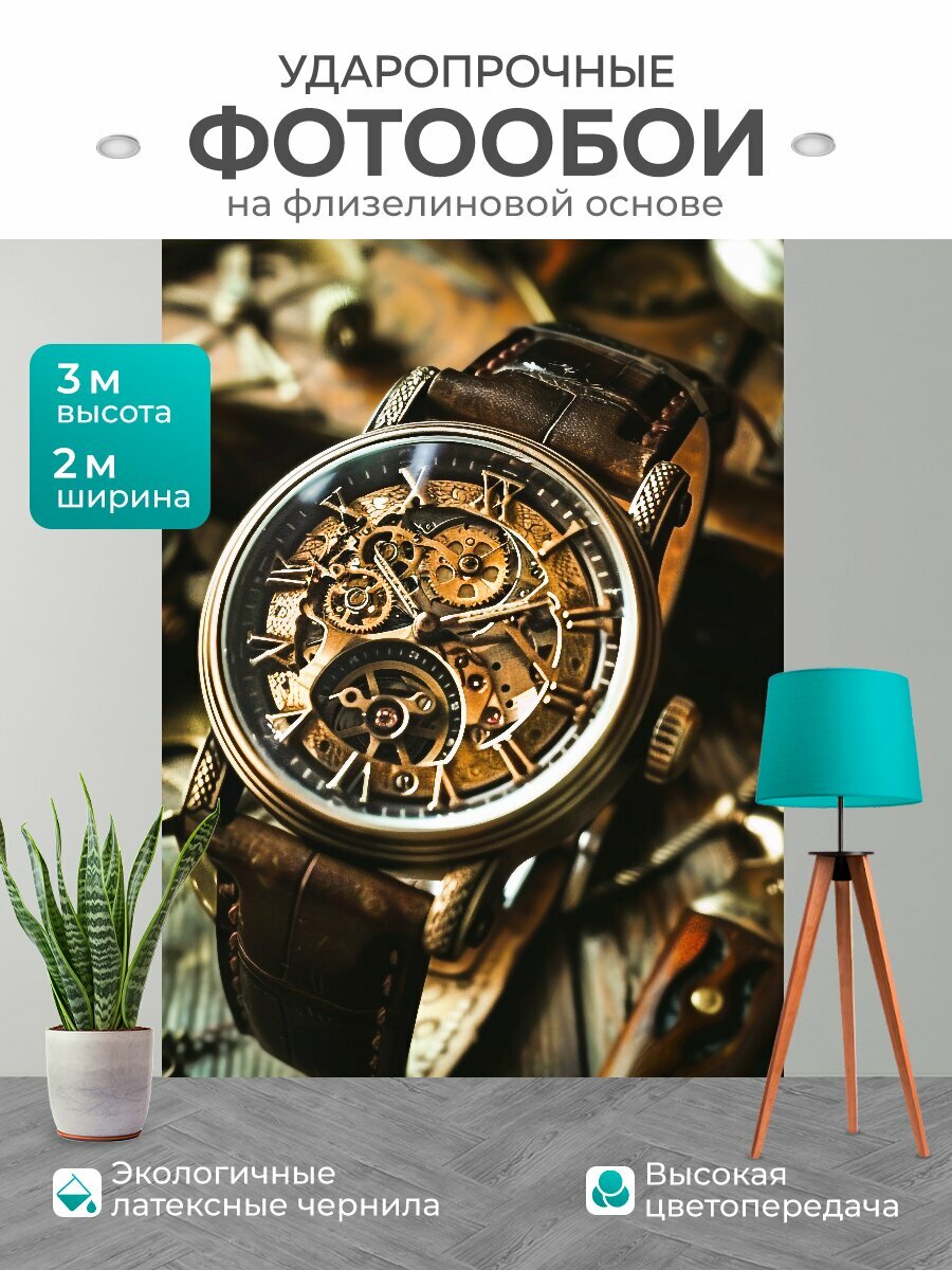 Фотообои моющиеся ударопрочные стимпанкерам, декораторам, дизайнерам интерьеров "Прозрачные часы в стиле стимпанк, цветная картинка в современном" 200x300 см. флизелиновые на стену