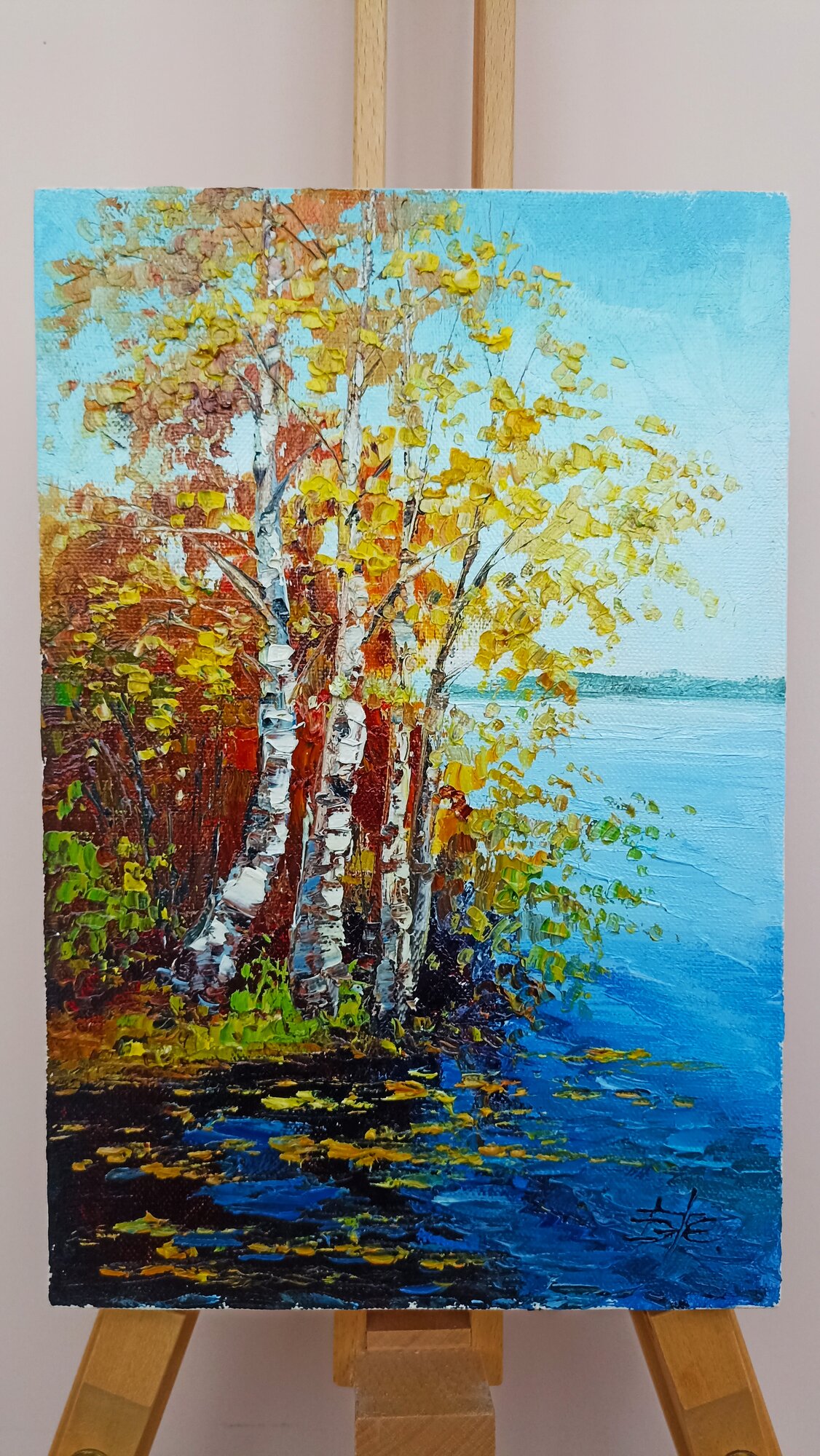 Масло/холст. 100% ручная работа, 100% живопись от Художественной мастерской Грëзы. Картина из серии "Импрессионизм". Осенний пейзаж. Река. Берёзки. Размер картины 20х30 см