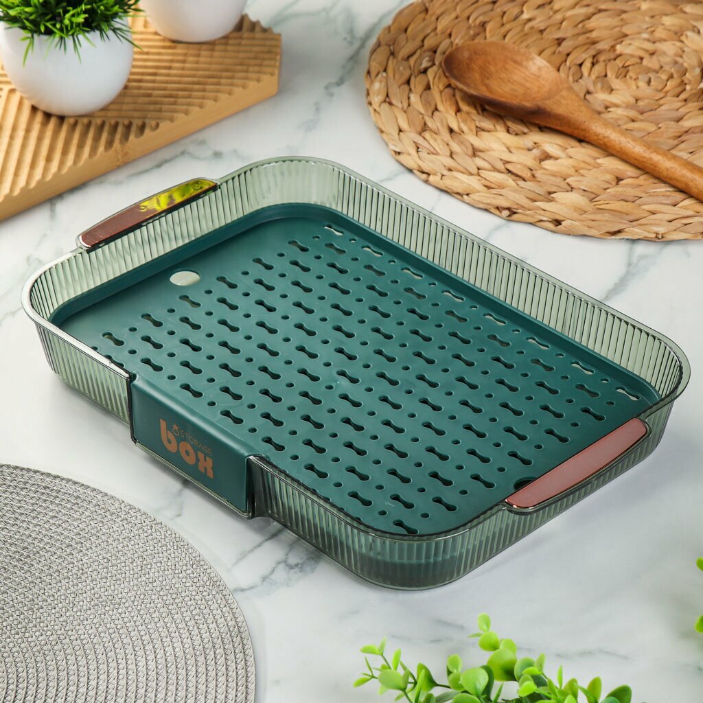 Пластиковая сушилка для посуды и столовых приборов 37.5х24.5 см, зеленый поднос с бортиками в кухню, модель Y4-8645