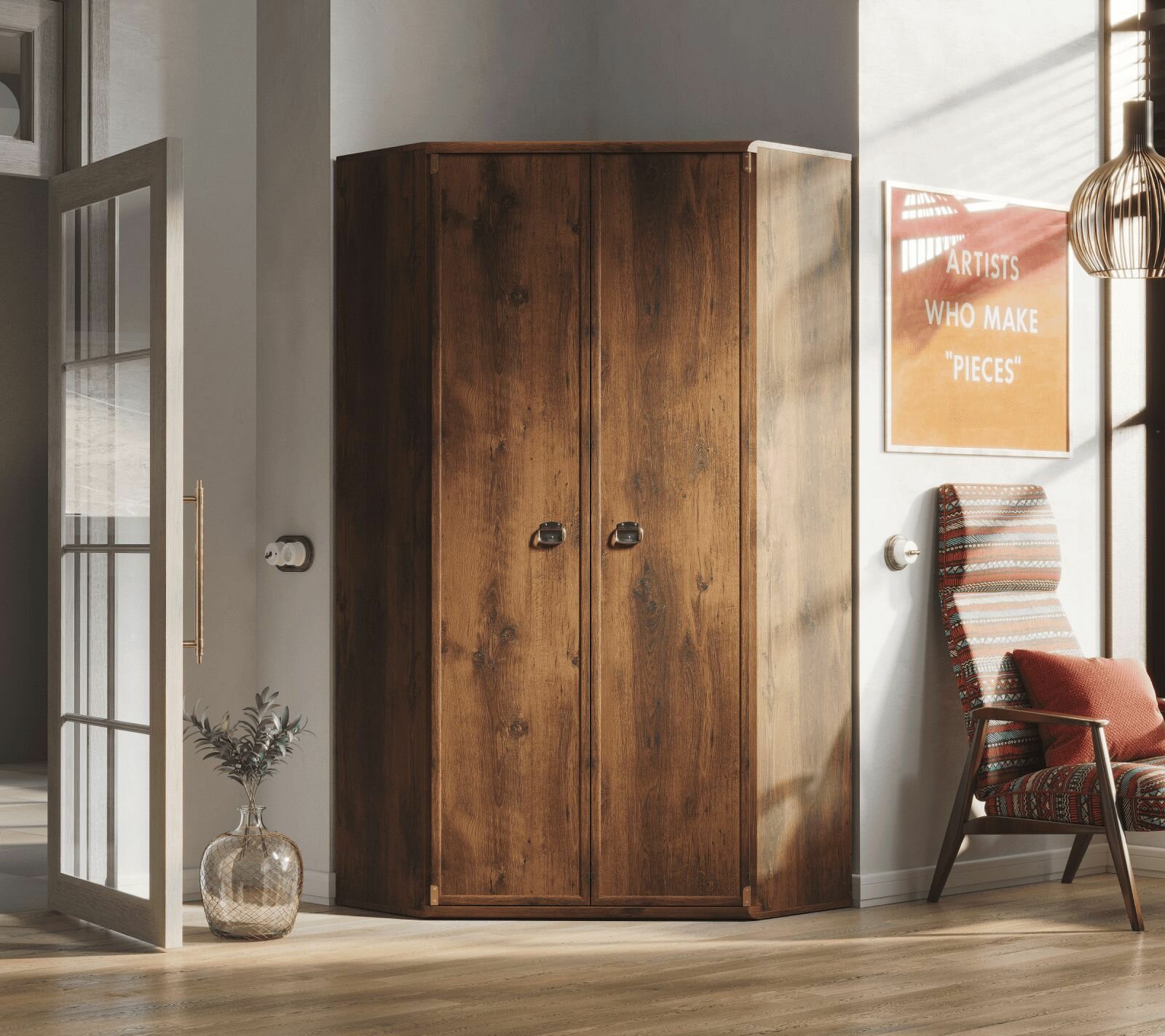 Шкаф угловой, для одежды индиана JSZFN2D, дуб саттер, распашной, двустворчатый, с полками и штангой