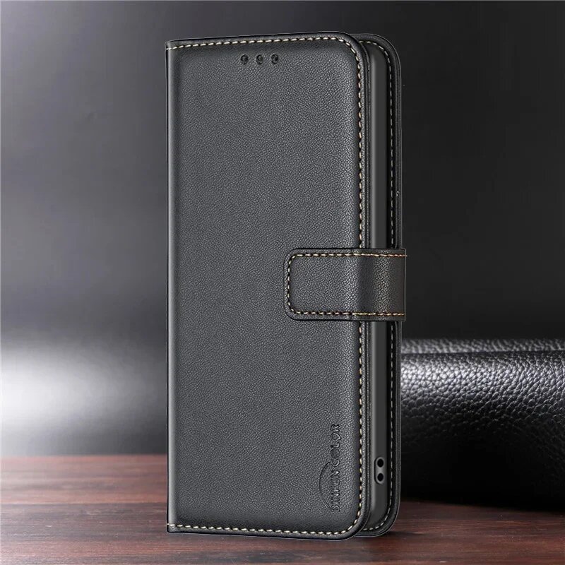 Черный кожаный чехол-книжка для Redmi 13 4G
