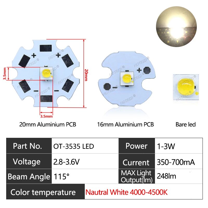 OTCRREE 3535 3W LED чипы 3000K 4500K 6500K APT-Neutral Wh 4500K, On 20mm Aluminum PCB, 3W-10pcs